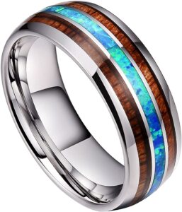 hpj hawaiian blue fire opal & koa wood ring silver tungsten 8mm band men and women size 6-14 (13)