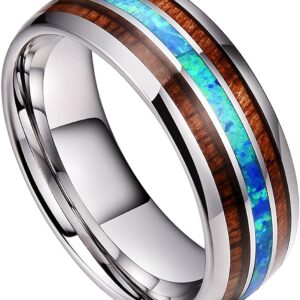 HPJ Hawaiian Blue Fire Opal & Koa Wood Ring Silver Tungsten 8mm Band Men and Women Size 6-14 (13)