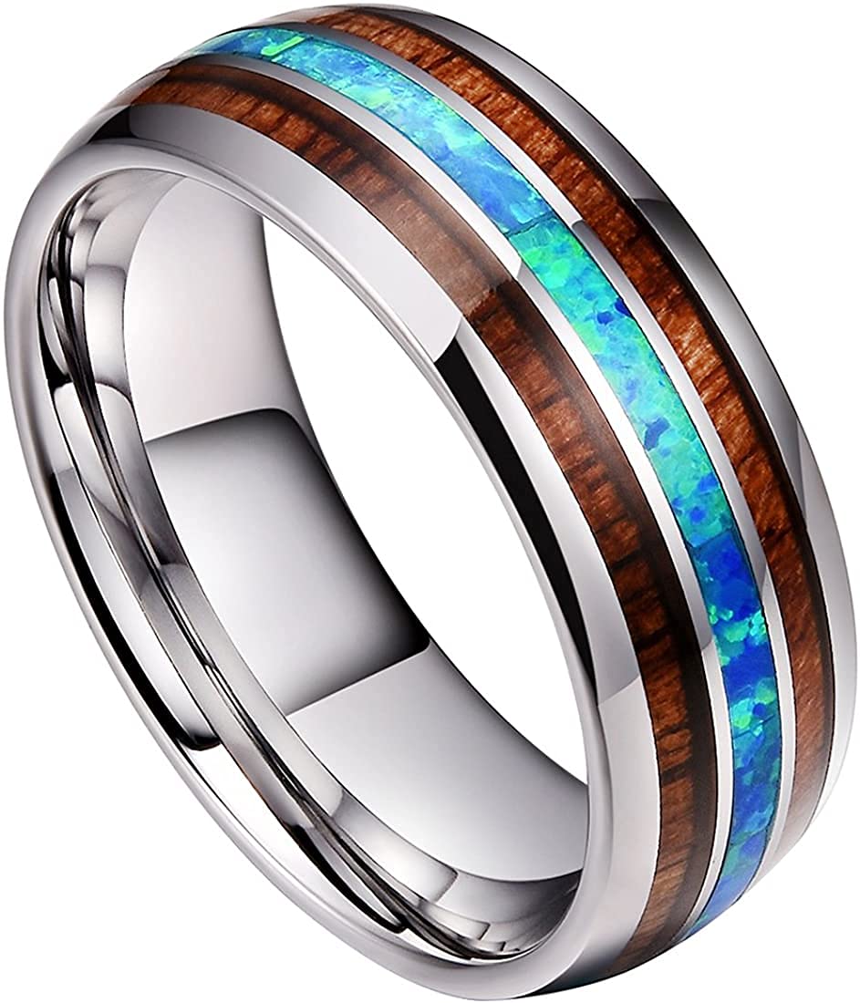 HPJ Hawaiian Blue Fire Opal & Koa Wood Ring Silver Tungsten 8mm Band Men and Women Size 6-14 (13)