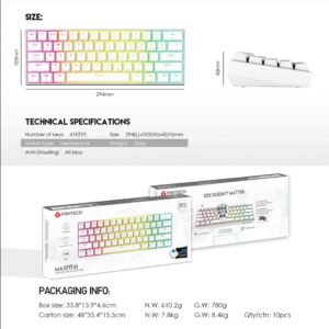 FANTECH MAXFIT61 RGB Wired 60% Mechanical Keyboard, 61 Keys Hot Swappable Type-C Programmable Gaming Keyboard, Outemu Blue Switch, White