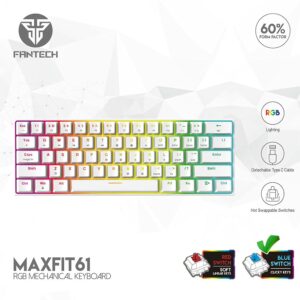 FANTECH MAXFIT61 RGB Wired 60% Mechanical Keyboard, 61 Keys Hot Swappable Type-C Programmable Gaming Keyboard, Outemu Blue Switch, White