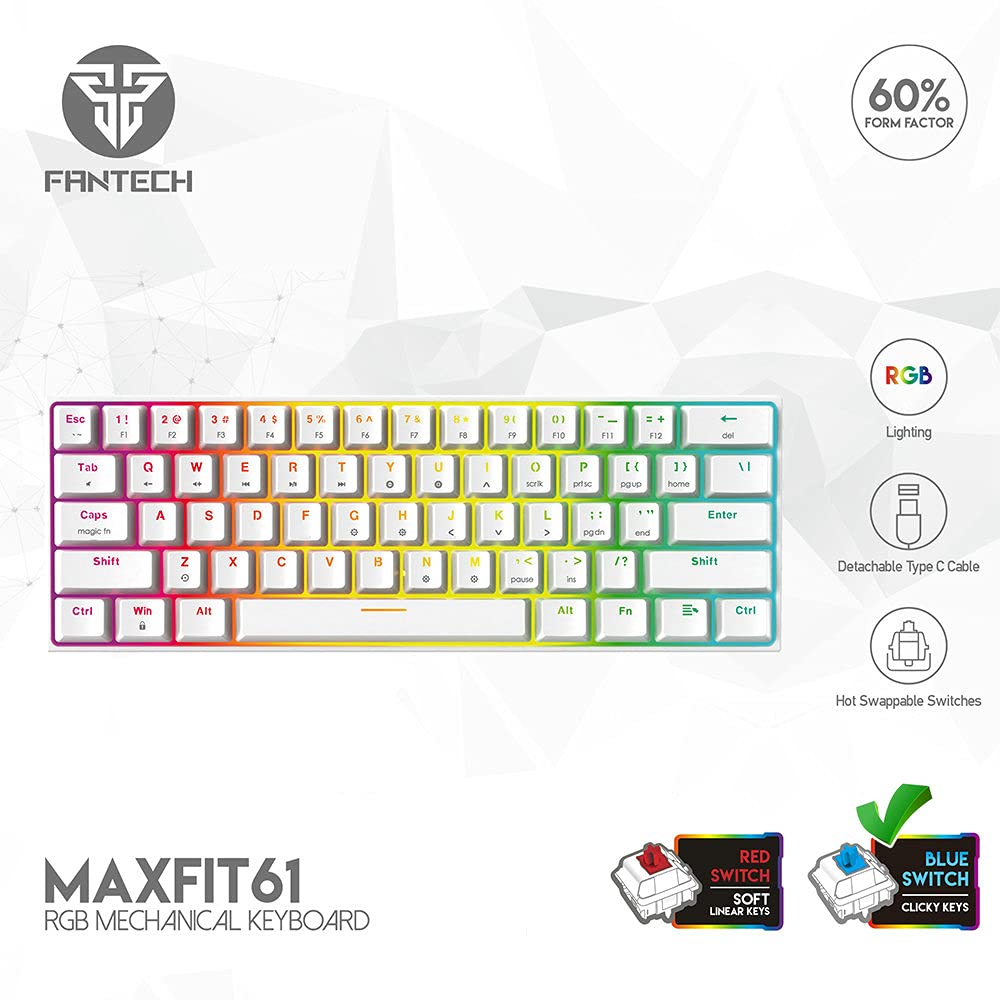 FANTECH MAXFIT61 RGB Wired 60% Mechanical Keyboard, 61 Keys Hot Swappable Type-C Programmable Gaming Keyboard, Outemu Blue Switch, White