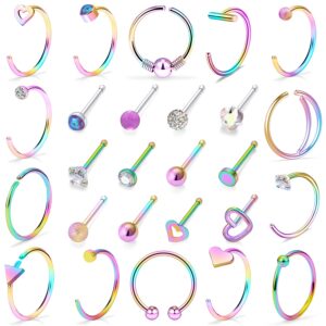 jenxnjsjo nose rings hoops studs piercings jewelry set for women 20g green surgical stainless steel 20 g gauge rainbow aretes para la nariz cute tiny straight bar nostril bone pack hypoallergenic