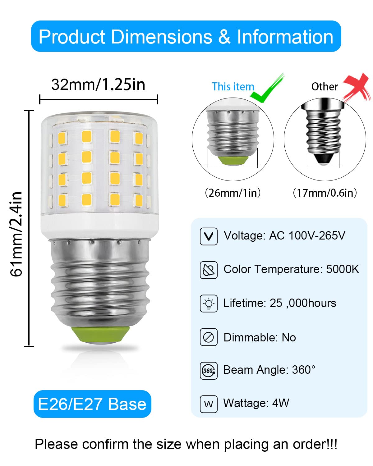 KEI D34L Refrigerator Bulb 3.5W 40 watt 120V Replacement, Compact Bright E26 Medium Base Corn Lamp for Fridge Freezer Appliance Home Lighting, A15 T10 Tubular Daylight White 5000K 580LM, 2 Pack