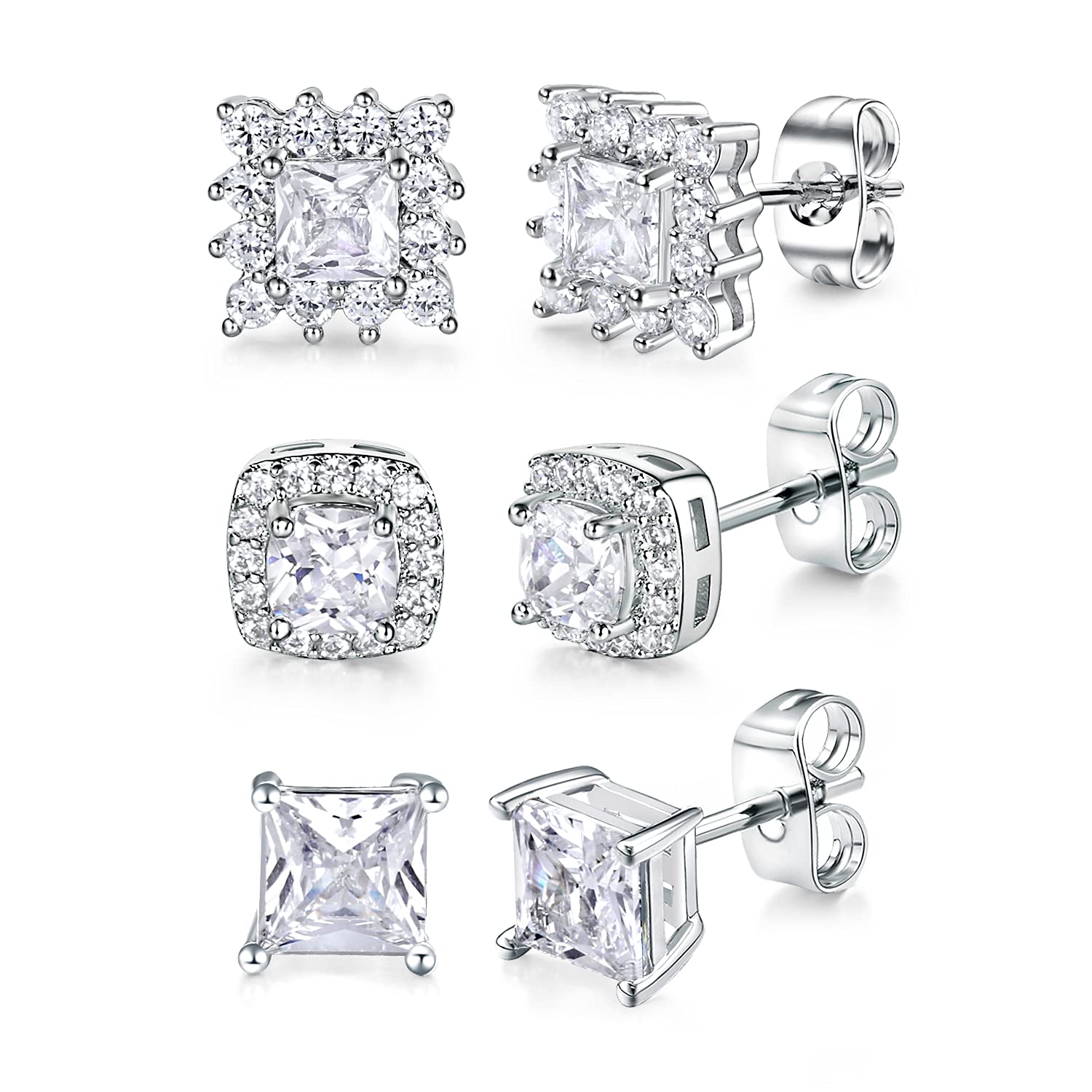 White Gold Plated Square Cut Diamond Cubic Zirconia Stud Earrings Prong Setting Halo Earrings for Women Men