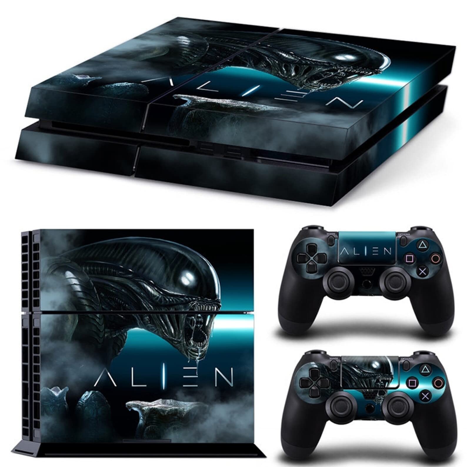 ZOOMHITSKINS Compatible for PS 4, Alien Black Blue Neon Lights Robots SciFi, Durable & Fit Vinyl, Made in The USA