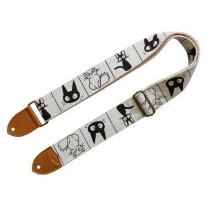 MUSIC FIRST Original Design, 2 inch width (5cm), Cute Comic Cat Soft Cotton Canvas & Genuine Leather Electric Guitar Strap Bass Strap (Comic Cat)