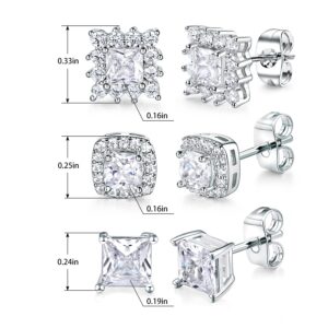 White Gold Plated Square Cut Diamond Cubic Zirconia Stud Earrings Prong Setting Halo Earrings for Women Men