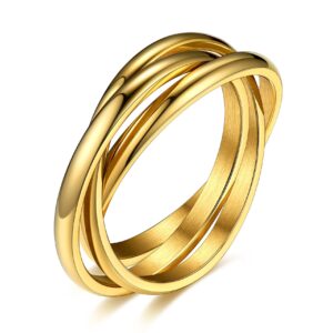 bestyle interlocking rolling gold band rings for women, trendy high polished 18k gold plated stainless steel dome cross rings, yellow gold rolling fidget rings for anxiety release, size 8