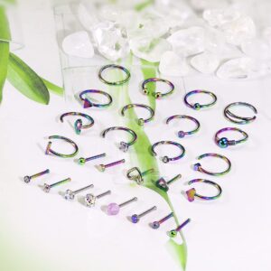 Jenxnjsjo Nose Rings Hoops Studs Piercings Jewelry Set for Women 20g Green Surgical Stainless Steel 20 g Gauge Rainbow Aretes para La Nariz Cute Tiny Straight Bar Nostril Bone Pack Hypoallergenic