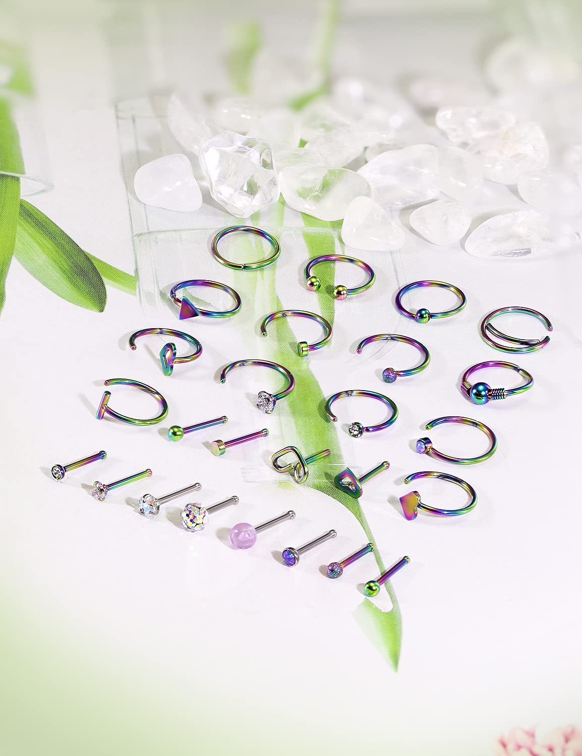 Jenxnjsjo Nose Rings Hoops Studs Piercings Jewelry Set for Women 20g Green Surgical Stainless Steel 20 g Gauge Rainbow Aretes para La Nariz Cute Tiny Straight Bar Nostril Bone Pack Hypoallergenic