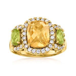 ross-simons 2.90 carat citrine ring with 1.20 ct. t.w. peridots and .80 ct. t.w. white zircon in 18kt gold over sterling. size 9