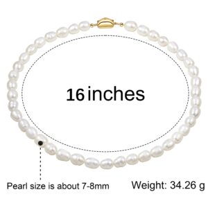 InzheG Freshwater Pearl Necklace 16 Inches 14K Gold Plated 7-8mm Cultured White Pearl Necklace Dainty Trendy Sweater Necklace Holiday Gift for Women Girls