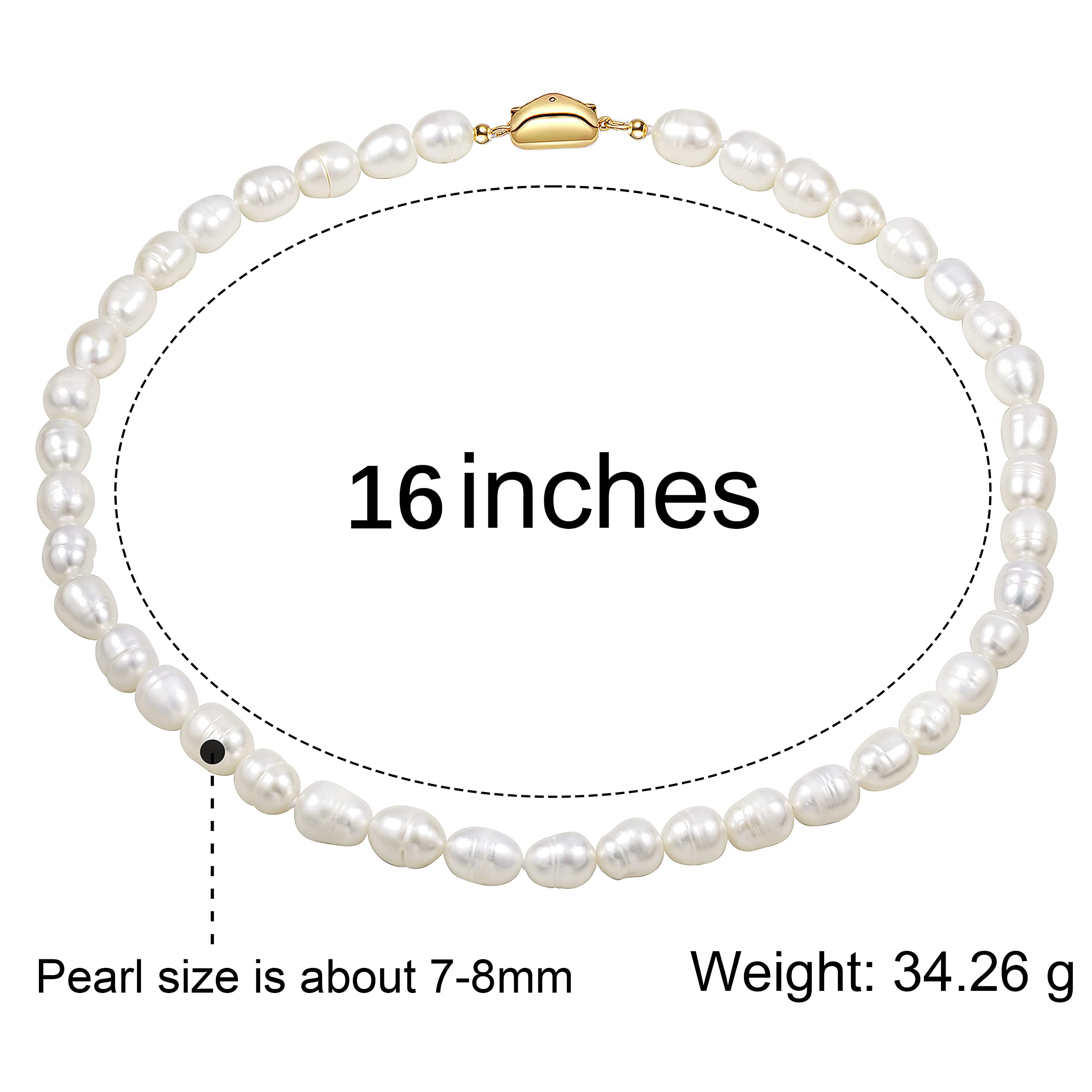 InzheG Freshwater Pearl Necklace 16 Inches 14K Gold Plated 7-8mm Cultured White Pearl Necklace Dainty Trendy Sweater Necklace Holiday Gift for Women Girls