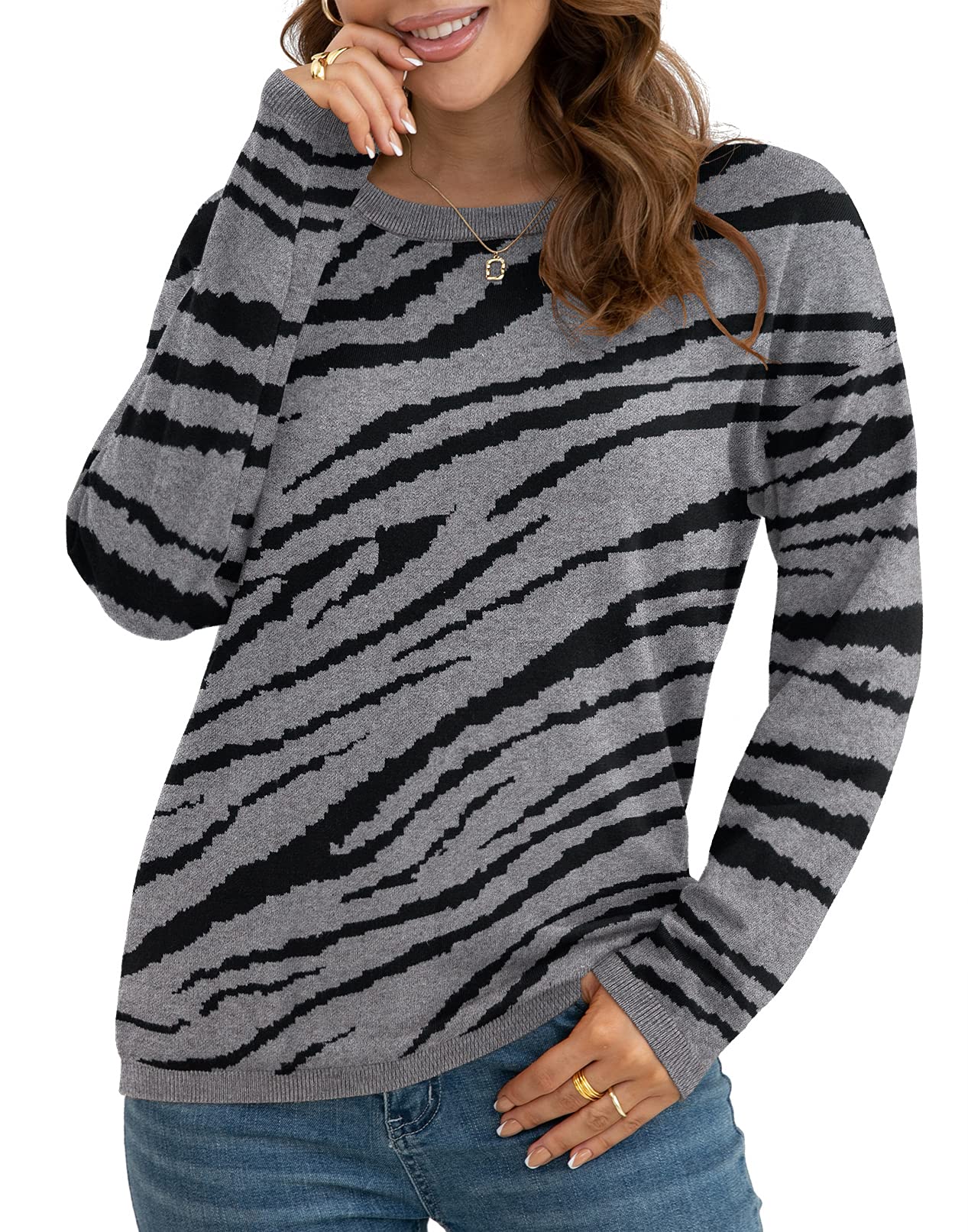 VIISHOW Women's Crew Neck Long Sleeve Sweatshirt Casual Loose Pullover Color Block Tops,Gray Leopard,Large