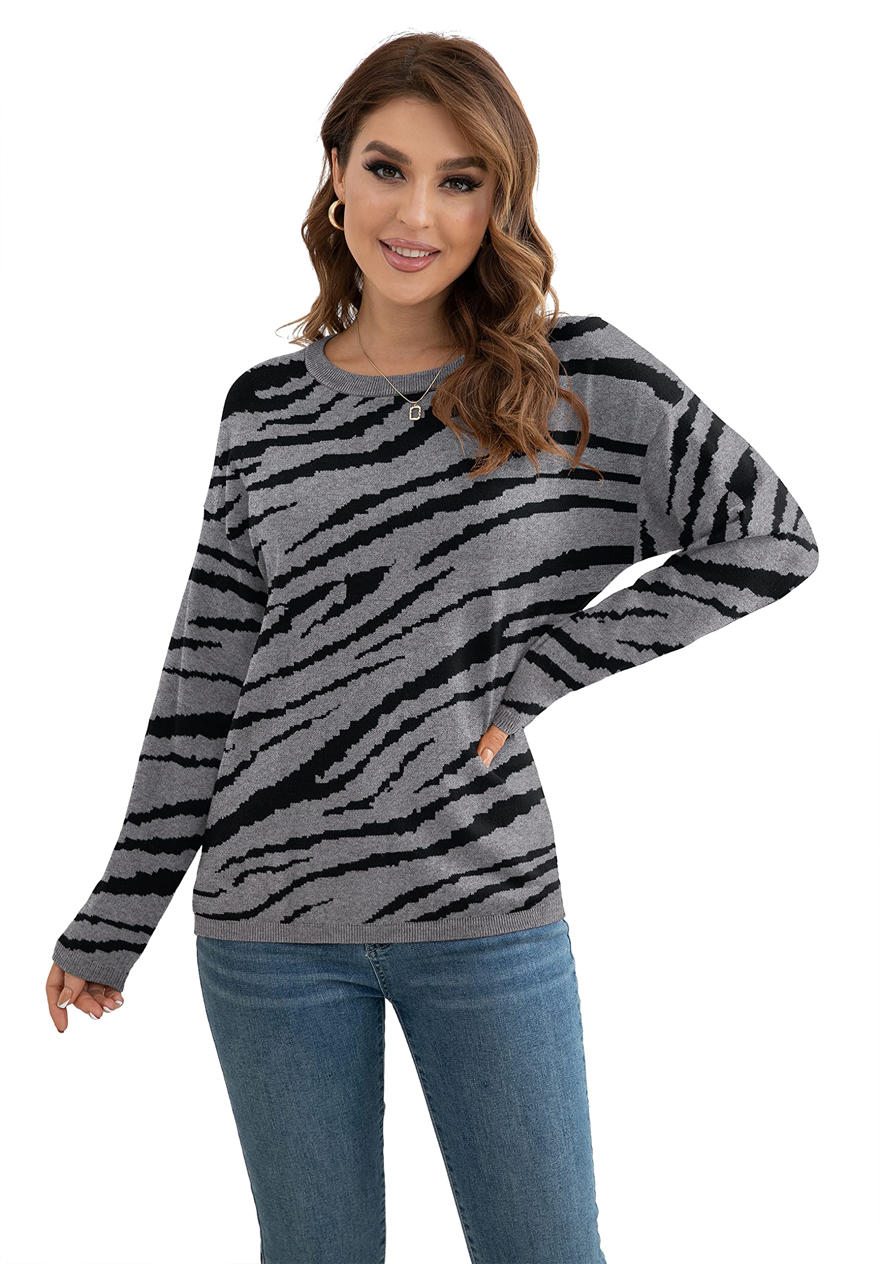 VIISHOW Women's Crew Neck Long Sleeve Sweatshirt Casual Loose Pullover Color Block Tops,Gray Leopard,Large