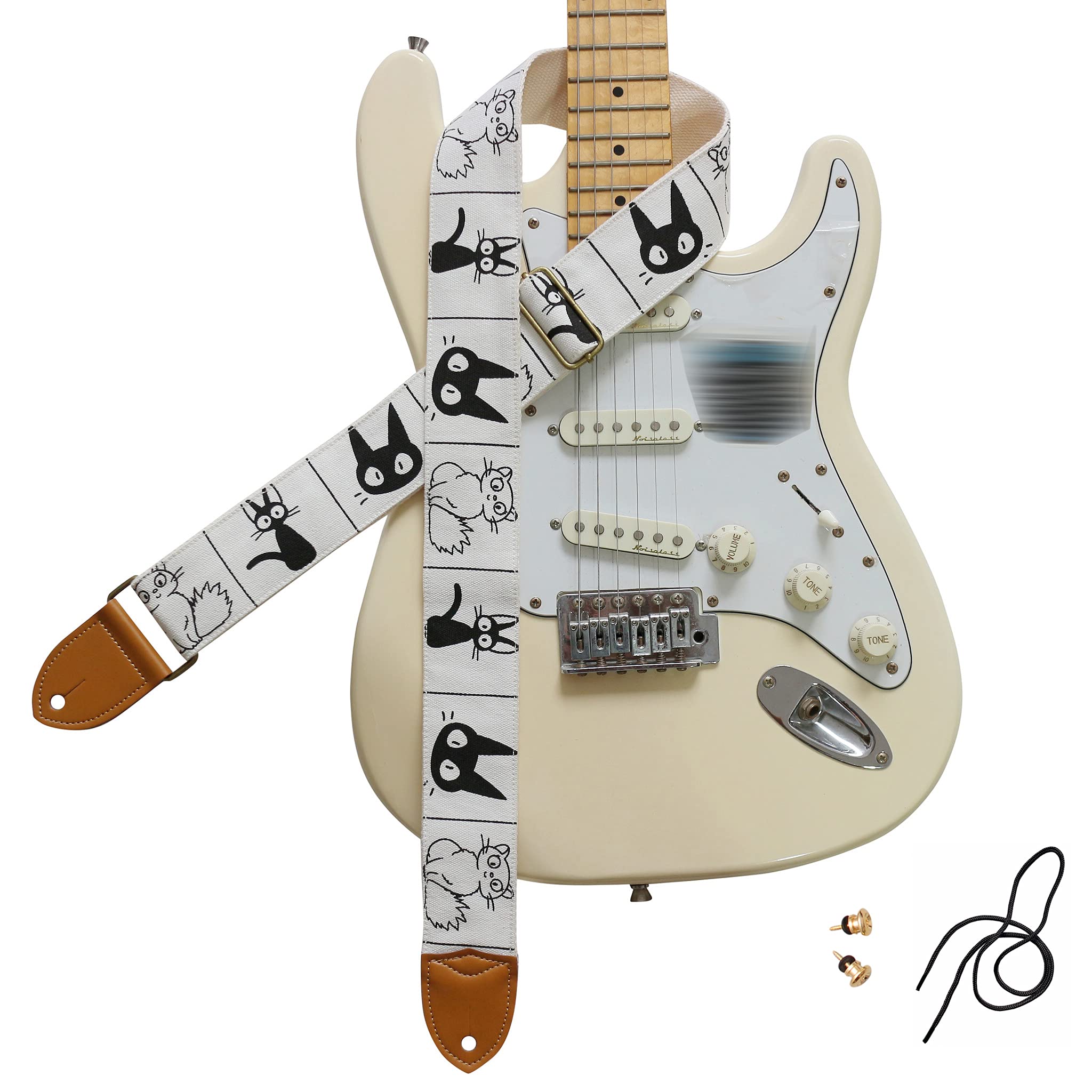 MUSIC FIRST Original Design, 2 inch width (5cm), Cute Comic Cat Soft Cotton Canvas & Genuine Leather Electric Guitar Strap Bass Strap (Comic Cat)