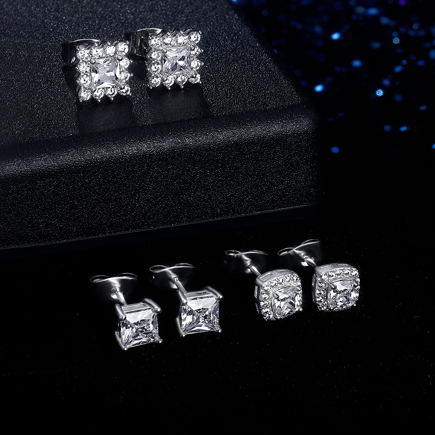 White Gold Plated Square Cut Diamond Cubic Zirconia Stud Earrings Prong Setting Halo Earrings for Women Men