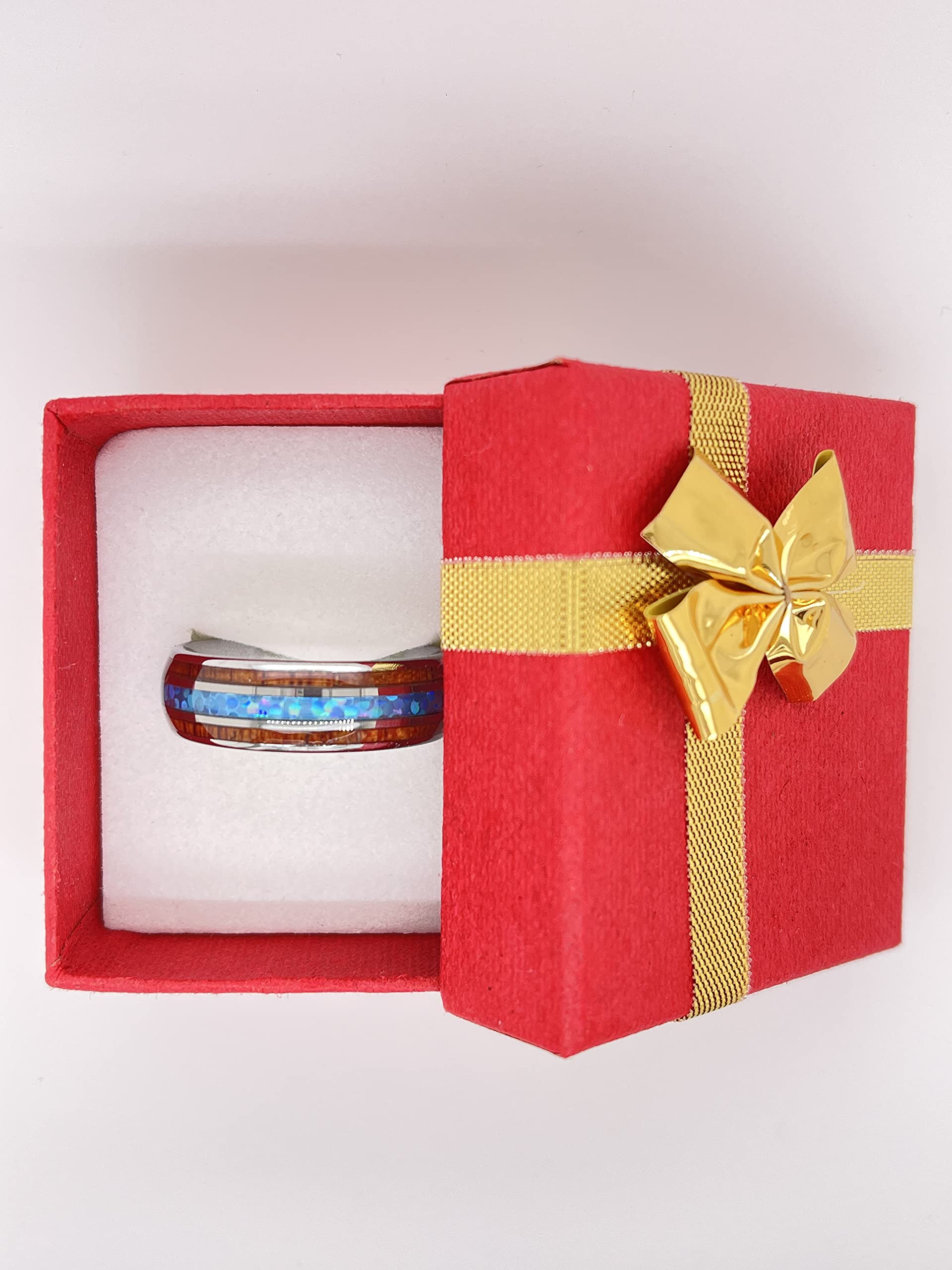 HPJ Hawaiian Blue Fire Opal & Koa Wood Ring Silver Tungsten 8mm Band Men and Women Size 6-14 (13)