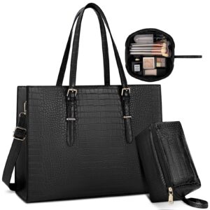 laptop bag for women 15.6 inch laptop tote bag leather classy computer briefcase for work waterproof handbag professional shoulder bag women business office bag purse 2pcs set (dark black)