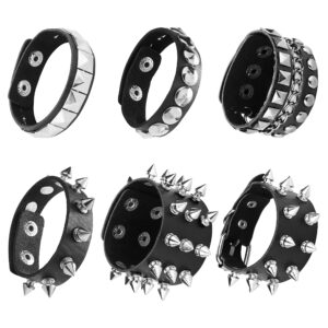 sailimue 6 pieces punk leather bracelet for men women rivet cuff bangle bracelet adjustable black leather wristband with metal studded halloween goth jewelry