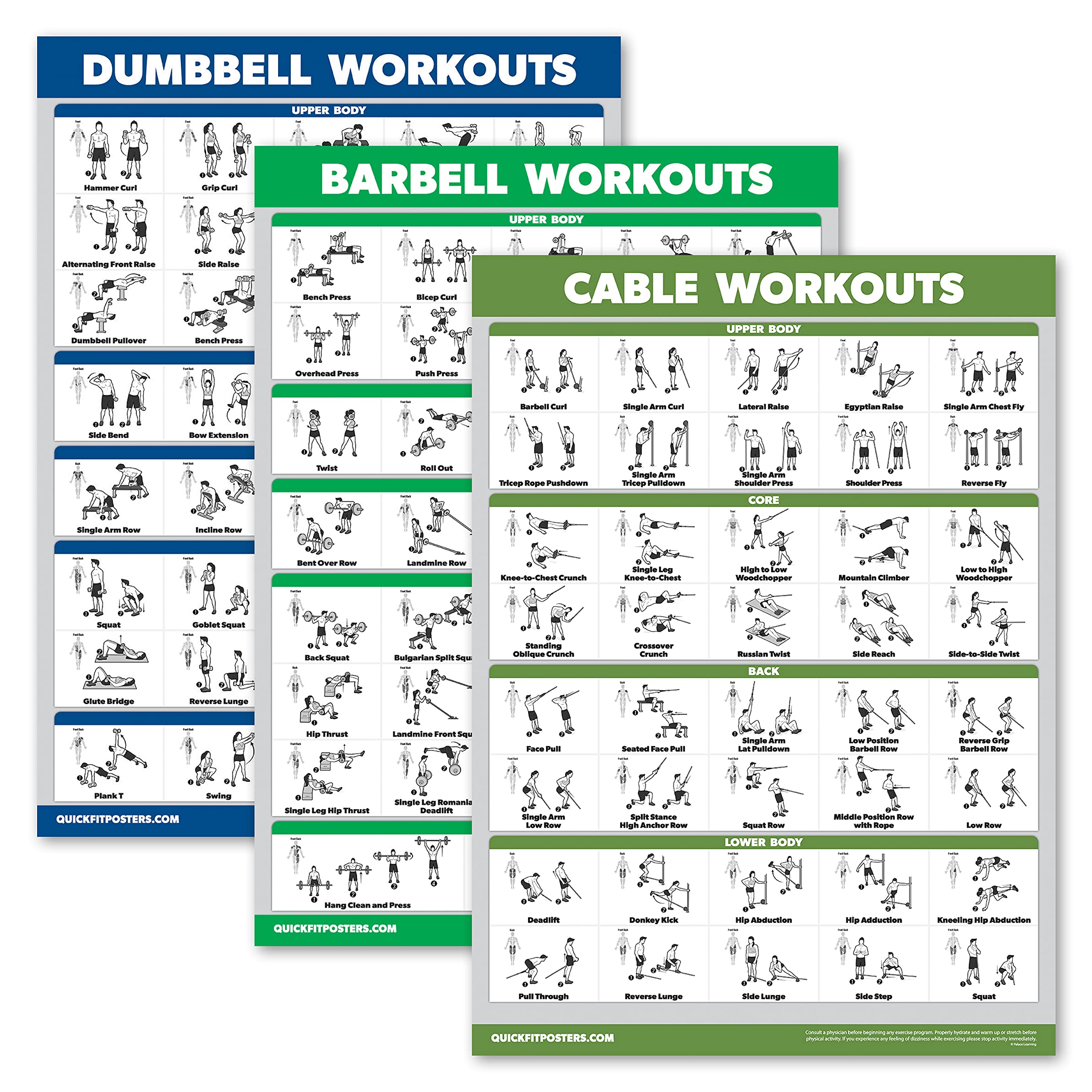 Palace Learning 3 Pack - Dumbbell Workouts + Barbell Exercises + Cable Machine Workouts - Set of 3 Workout Charts (LAMINATED, 18” x 24”)