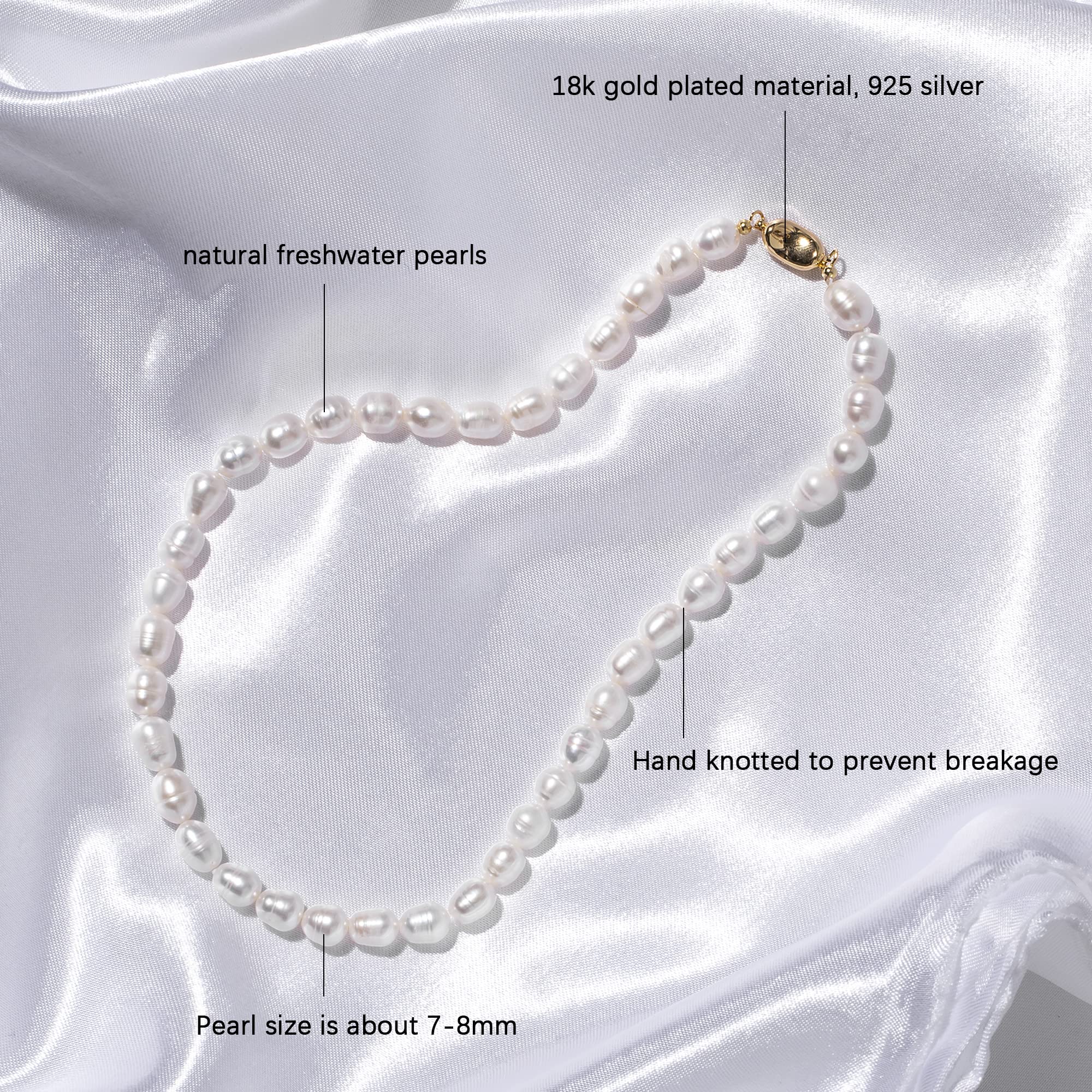 InzheG Freshwater Pearl Necklace 16 Inches 14K Gold Plated 7-8mm Cultured White Pearl Necklace Dainty Trendy Sweater Necklace Holiday Gift for Women Girls