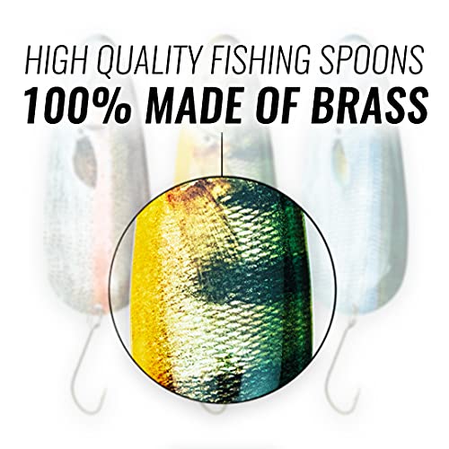 ETIC Poseidon 4 ½", 2oz Fishing Spoons Kit 100% Made of Brass, 3 pcs Fishing Lures, Tackle, Hooks, Baits, Spinning, Casting, Trolling for Trout, Salmon, Pike, Walleye, Bass and Mores