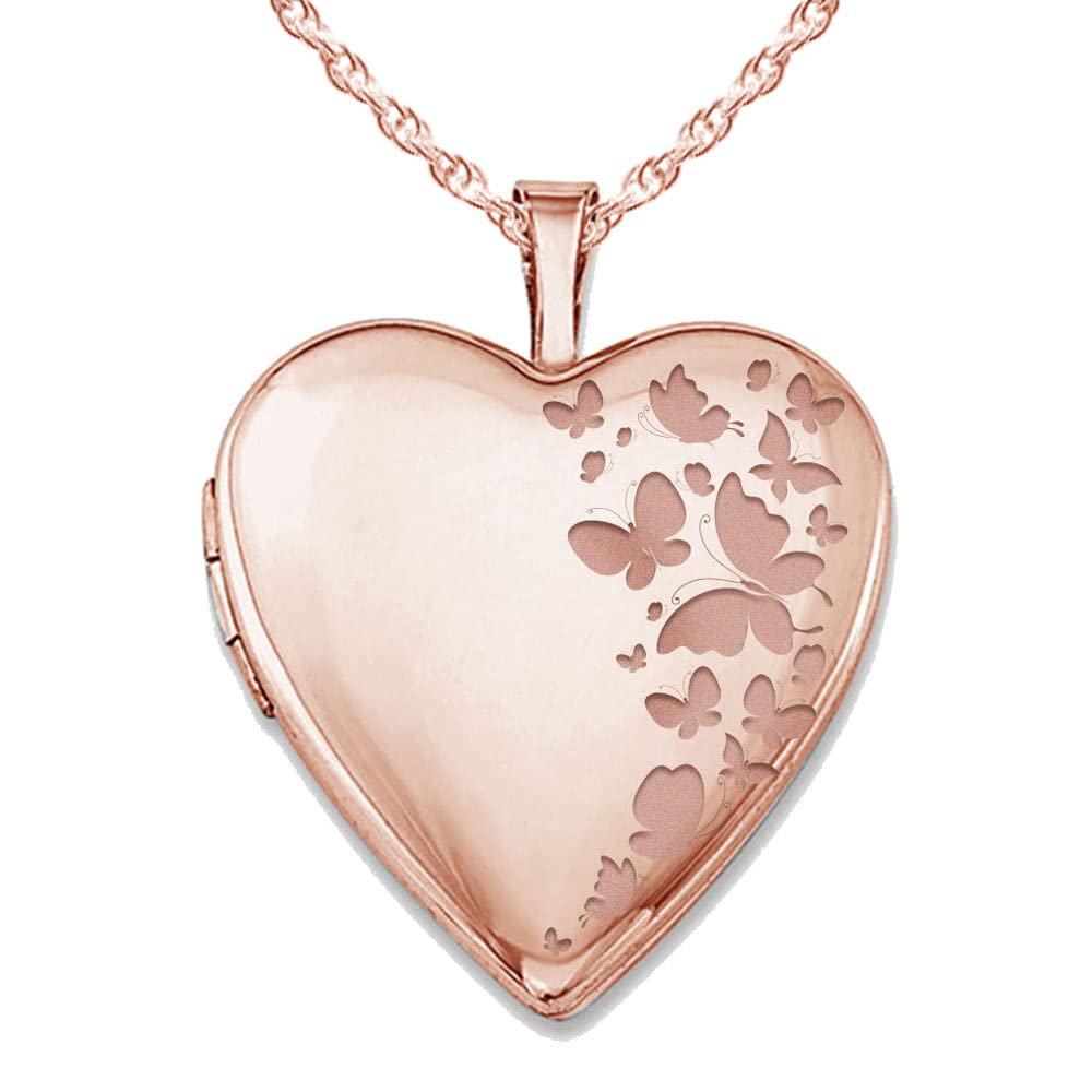 PicturesOnGold.com Personalized Rose Gold Butterflies Heart Photo Locket Necklace for Women - 3/4 inch x 3/4 inch, Rose Gold, Locket Only