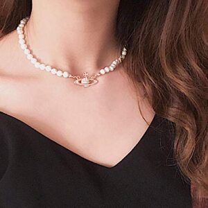 aoof diamond artificial planet saturn pearl necklace women's jewelry, fake pearl collar pendant necklace men's charming girl y2k jewelry women's wedding pearl chain crystal necklace rosegold