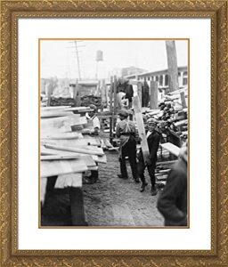 artdirect hine, lewis wickes 20x23 gold ornate framed art print with double matting titled: young boy working for hickok lumber co. burlington, vt