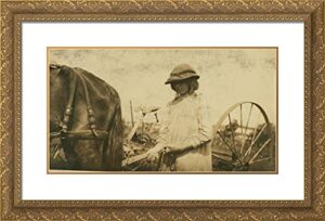 artdirect hine, lewis wickes 24x17 gold ornate framed art print with double matting titled: lucy saunders hitching the team to the horse rake i