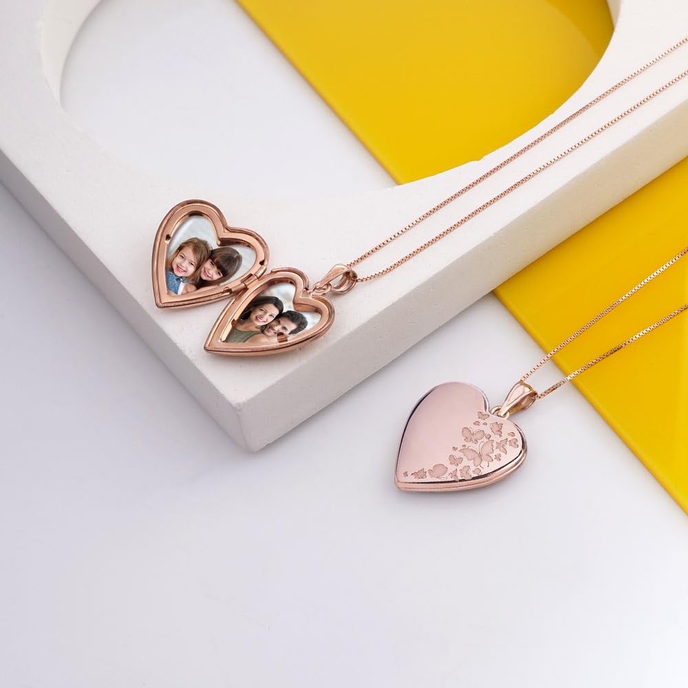 PicturesOnGold.com Personalized Rose Gold Butterflies Heart Photo Locket Necklace for Women - 3/4 inch x 3/4 inch, Rose Gold, Locket Only