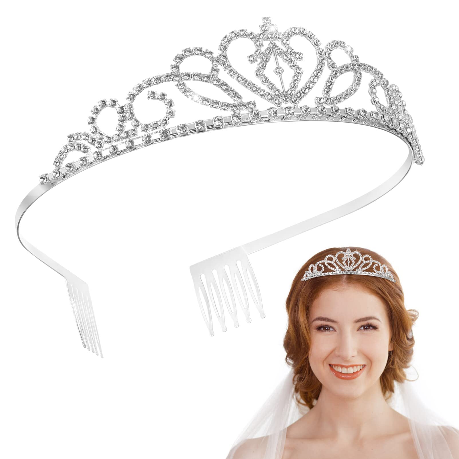 FRCOLOR Heart Shaped Tiaras Silver Crystal Tiara Crown Headband Princess Crown with Combs Tiara for Bridal Wedding Bridesmaid Pageant Birthday Party 2 Pack