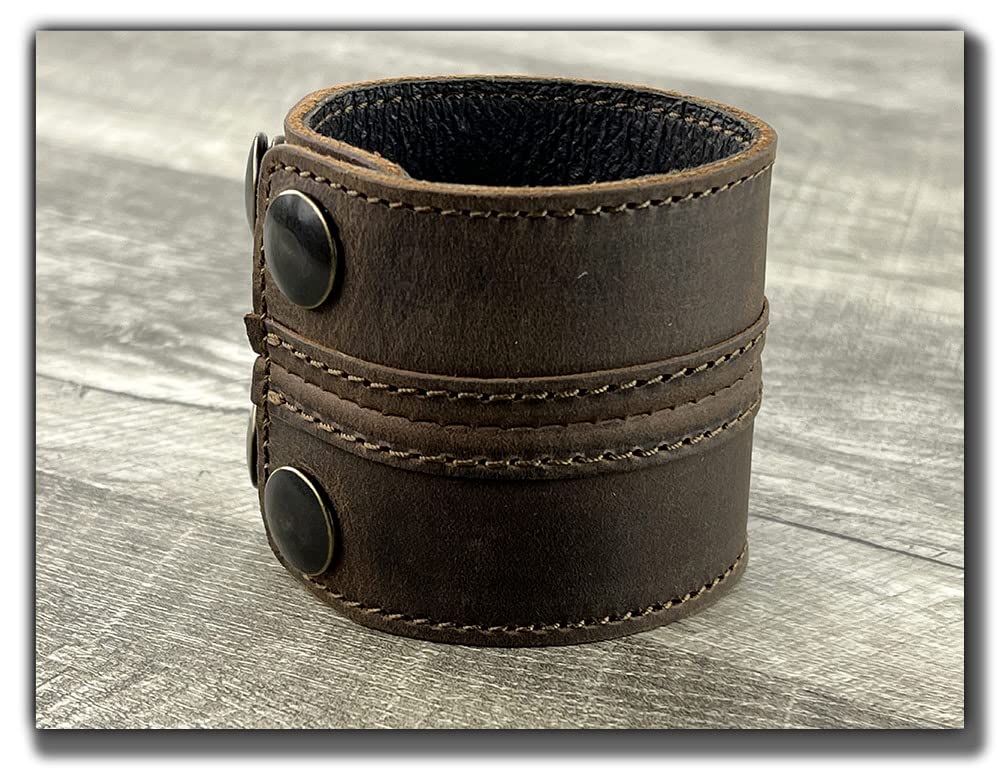 Anthology Gear Stylish Leather Cuff Bracelet Full Grain Wide Wristband For Men and Women (Unisex) Adjustable to 6" or 7 1/4" (Whiskey Brown, Small/Medium)