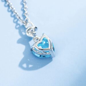 Agvana 14K Solid White Gold Diamond Aquamarine Heart Pendant Necklace for Women with Sterling Silver Chain