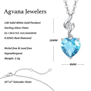 Agvana 14K Solid White Gold Diamond Aquamarine Heart Pendant Necklace for Women with Sterling Silver Chain