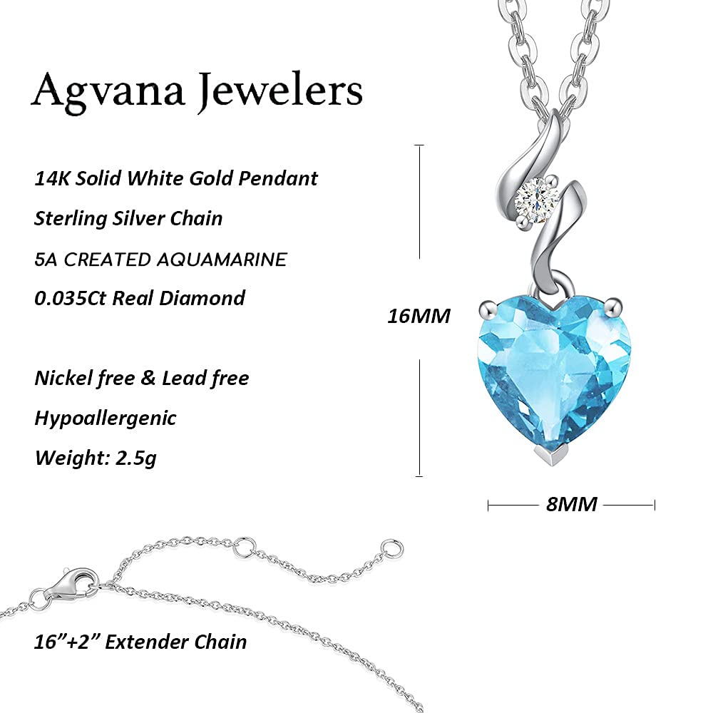 Agvana 14K Solid White Gold Diamond Aquamarine Heart Pendant Necklace for Women with Sterling Silver Chain