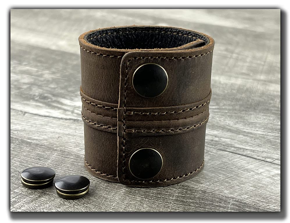 Anthology Gear Stylish Leather Cuff Bracelet Full Grain Wide Wristband For Men and Women (Unisex) Adjustable to 6" or 7 1/4" (Whiskey Brown, Small/Medium)