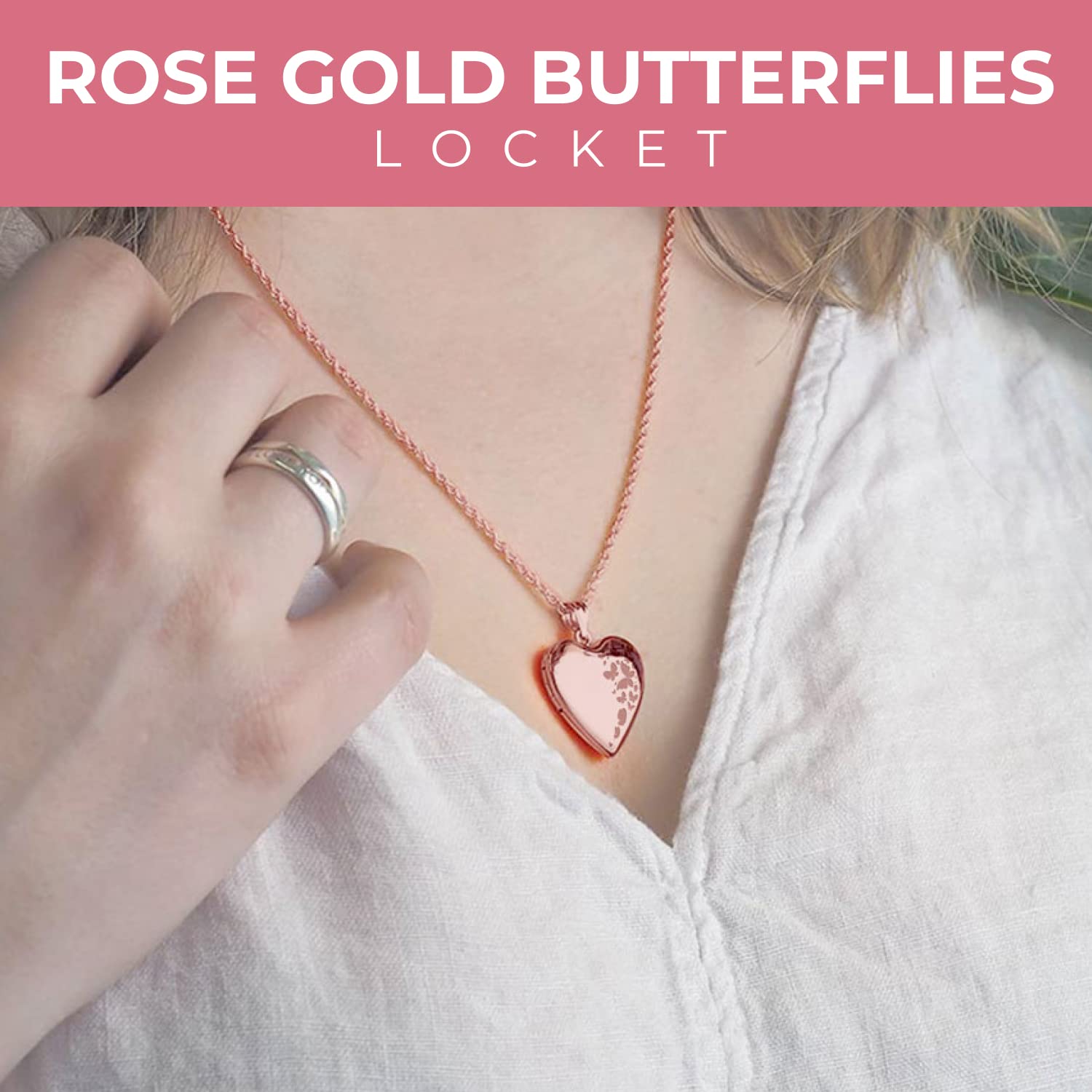 PicturesOnGold.com Personalized Rose Gold Butterflies Heart Photo Locket Necklace for Women - 3/4 inch x 3/4 inch, Rose Gold, Locket Only