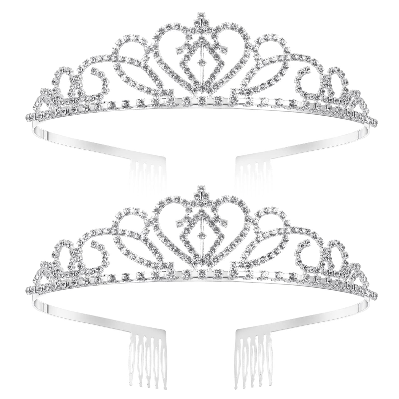 FRCOLOR Heart Shaped Tiaras Silver Crystal Tiara Crown Headband Princess Crown with Combs Tiara for Bridal Wedding Bridesmaid Pageant Birthday Party 2 Pack