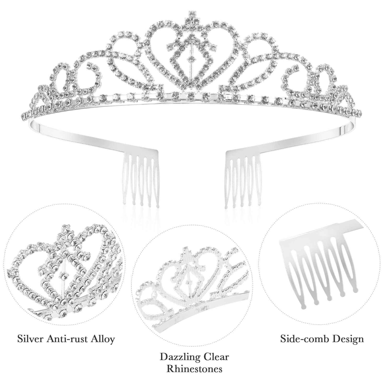 FRCOLOR Heart Shaped Tiaras Silver Crystal Tiara Crown Headband Princess Crown with Combs Tiara for Bridal Wedding Bridesmaid Pageant Birthday Party 2 Pack