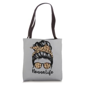 nonna life messy bun hair funny leopard nonna tote bag