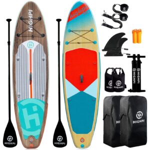 highpi inflatable stand up paddle board 11'x33''x6'' premium sup w accessories & backpack, wide stance, surf control, non-slip deck, leash, paddle and pump, standing boat for youth &