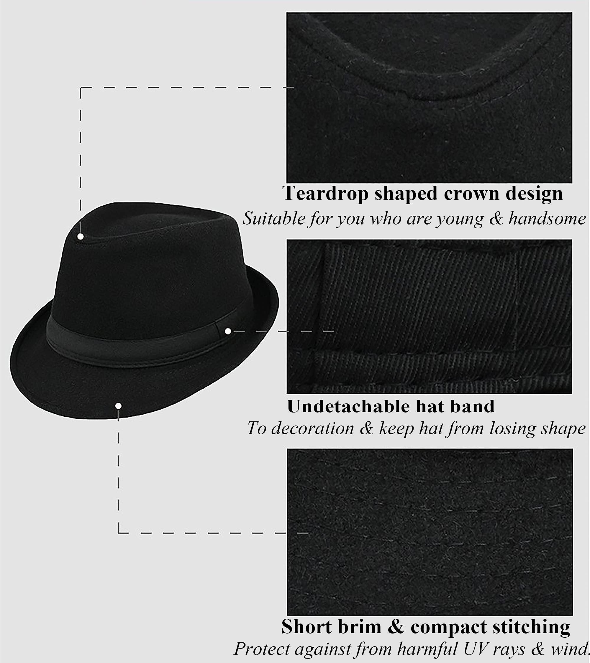 Mens Classic Plaid Manhattan Structured Gangster Trilby Fedora Hat Cuban Style Derby Hat Jazz Cap (Size M-L/7 1/4) Black