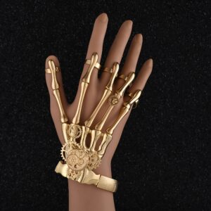 LUX ACCESSORIES Gold Tone Gothic Skull Tools Full Hand Skeleton Bracelet Rings