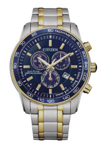 citizen men's eco-drive sport luxury chronograph watch in two-tone stainless steel, blue dial (model: bl5517-55l)