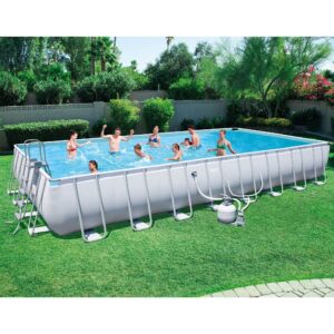 Bestway 56625E 31ft x 16ft x 52in Steel Frame Above Ground Swimming Pool Set with 2000 GPH Sand Filter Pump, Pool Cover, Ladder, and Solution Blend