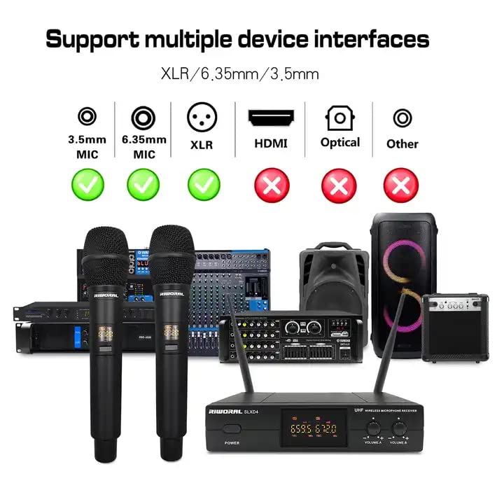 Wireless Microphone System Dual UHF Handheld Cordless Mic Set Work Range 180ft Dynamic Microphone with XLR & 1/4 inch Jack for Church Karaoke Machine Speech Wedding Party Singing