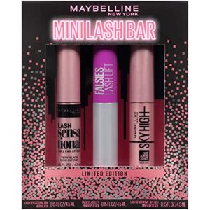 maybelline the falsies holiday mini lash bar washable mascara kit, eye makeup, 3 mini mascaras, lash sensational mascara, the falsies lash lift mascara, sky high mascara, very black, 1 kit